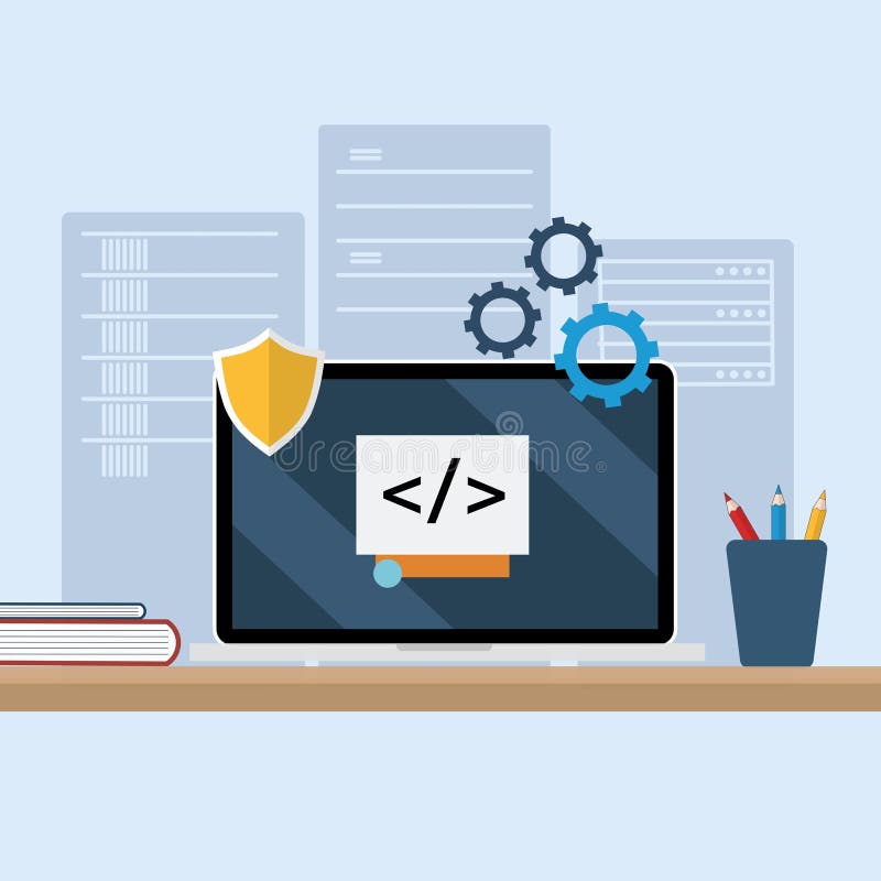 Flat Design Modern Code Development on Laptop with Server Technology ...