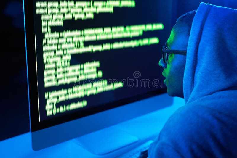 Code, Man or Hacker with Pc or Screen for Cybercrime, Malware or Phishing for Stealing Online ...