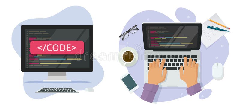 Programmer Desktop and Computer Screen and Code Vector Illustration ...