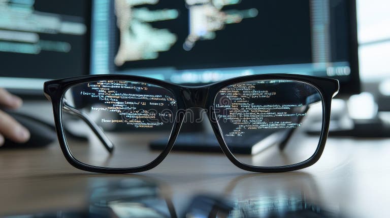 Code Reflection in Eyeglasses on Desk Stock Illustration - Illustration ...