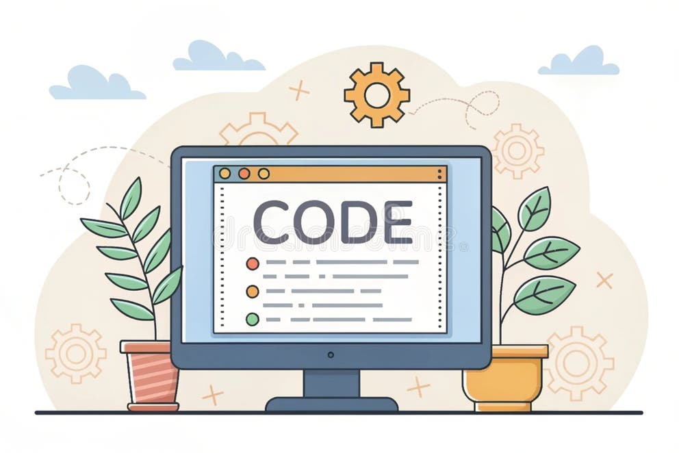 Code on Screen Vector Illustration, Flat Cartoon Coding or Programming Script Text on Monitor ...
