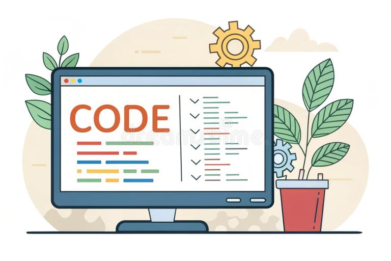 Code on Screen Vector Illustration, Flat Cartoon Coding or Programming ...