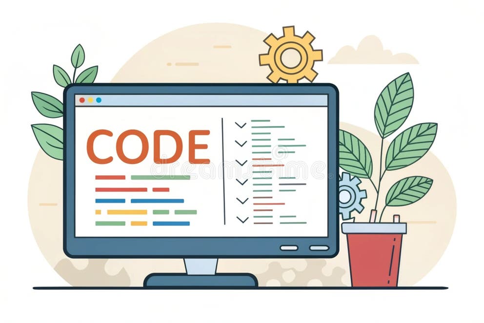 Code on Screen Vector Illustration, Flat Cartoon Coding or Programming Script Text on Monitor ...