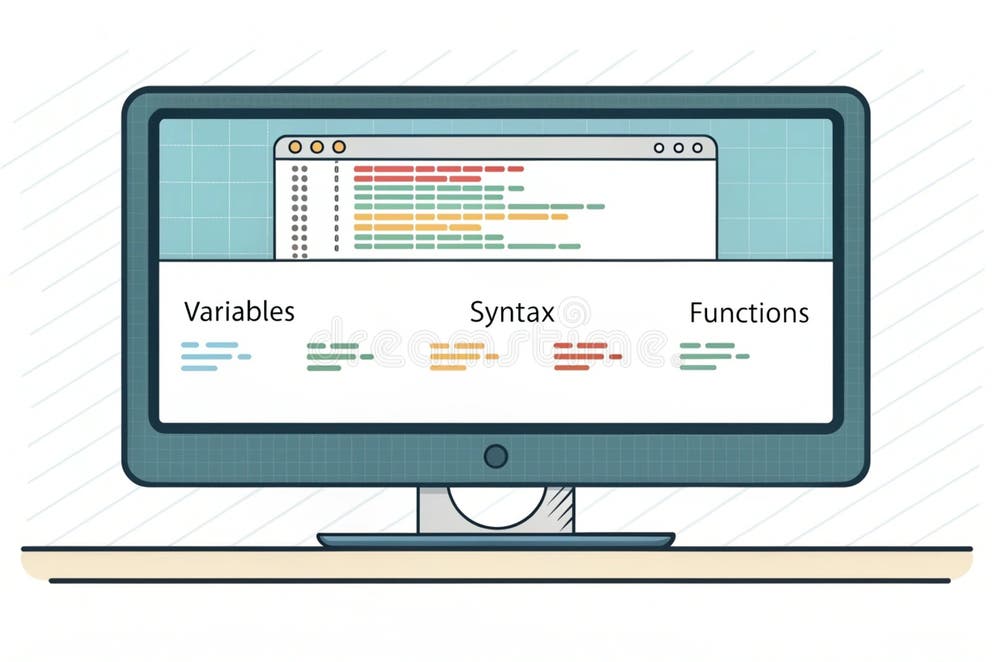 Code on Screen Vector Illustration, Flat Cartoon Coding or Programming Script Text on Monitor ...