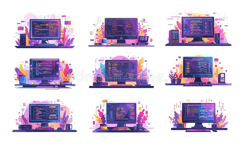 Code Testing Cartoon Vector Concepts. Monitor Tablet Desk Lamp Plant Pc ...