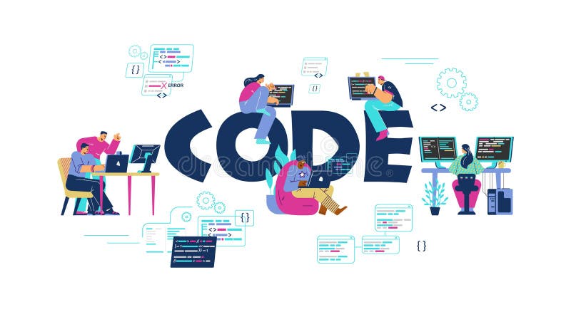Code Typographic Header with Tiny People Programming - Flat Vector Illustration Isolated on ...