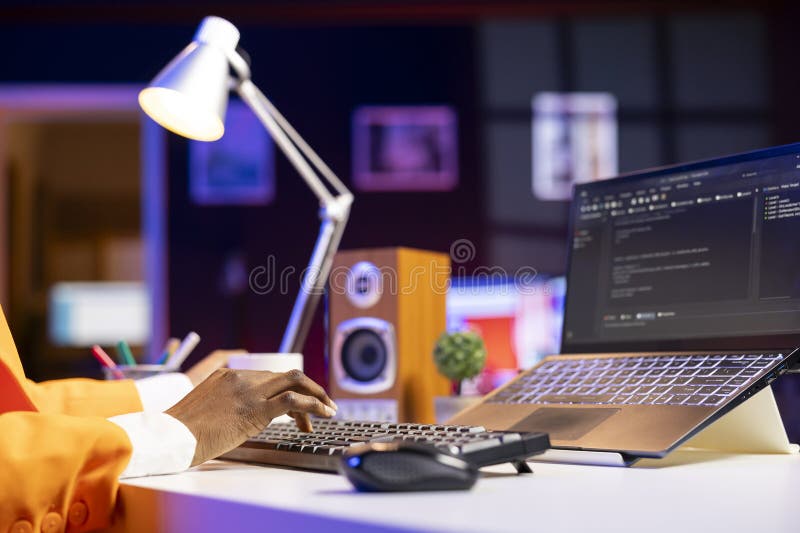 Coder at Laptop Programming, Writing Lines of Code, Close Up Stock ...