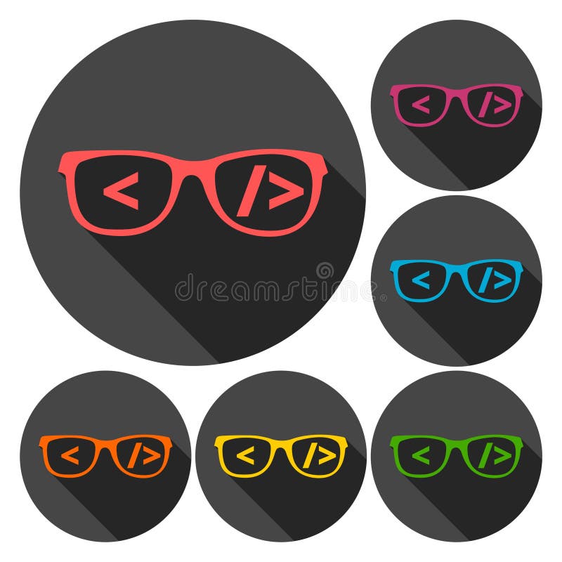 Coder Sign Icon, Glasses Icon, Programmer Symbol Set with Long Shadow ...