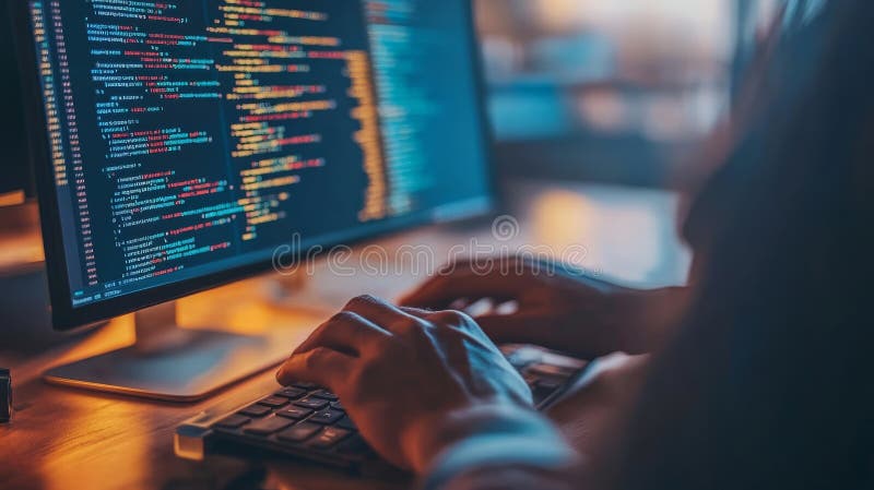 A Coder Typing on a Keyboard with a Focus on the Glowing Screen Displaying Complex Lines of Code ...
