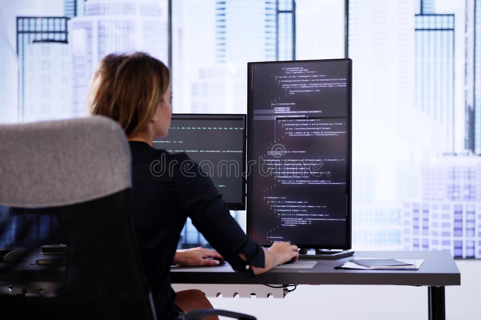 Coder Using Computer at Desk Stock Photo - Image of debug, screen: 302794096