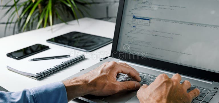 Coder Web Developer Write Code on Laptop Computer. Website Programming ...