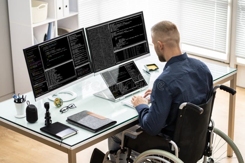 Coder in Wheelchair Using Computer Stock Image - Image of back, male: 238875047