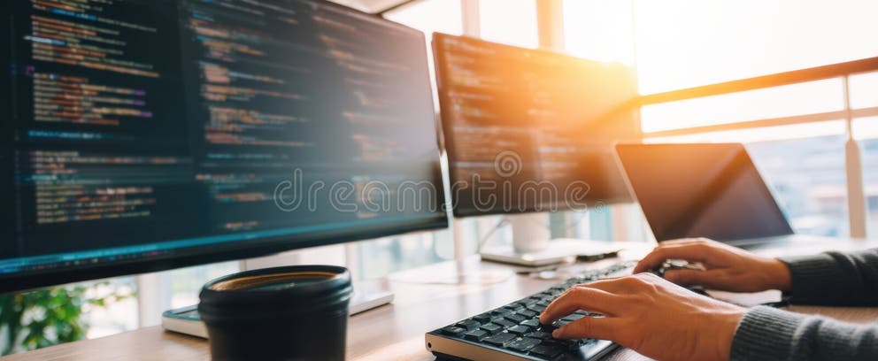 The Coder Working Diligently on Dual Monitors with Coffee in a Modern ...