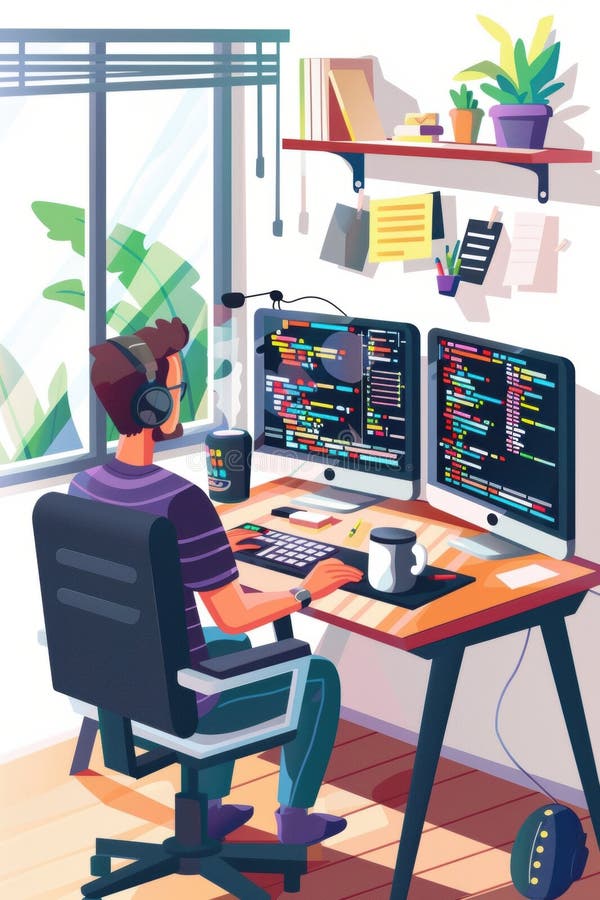 Coder Working in Organized Home Office with Dual Monitors and Stationery Stock Photo - Image of ...