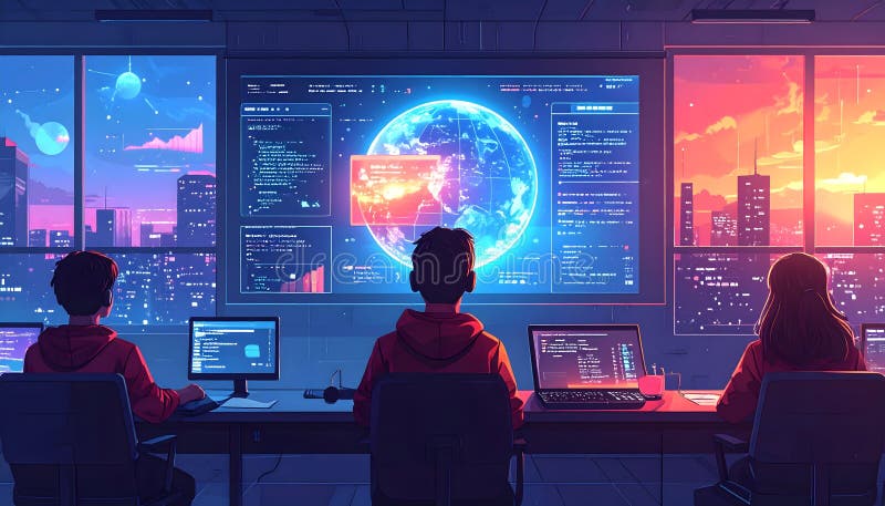 Coders Work on Global Data Analysis in Futuristic Office, GENERATIVE AI Stock Illustration ...