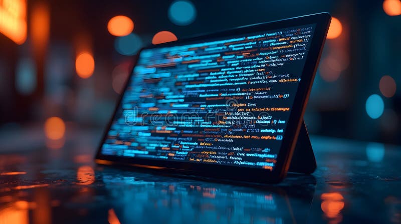 Codificar Texto De Script En PantallaEjecutar Programación De Datos De Equipo Foto de archivo ...