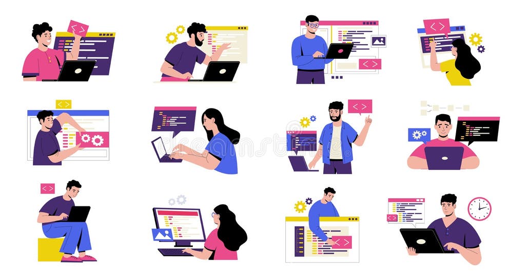 Coding Characters Concept. Cartoon Developers Working on Web ...