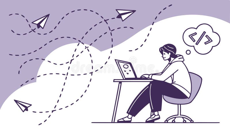 Coding & Creativity: Developer with Flying Paper Airplanes, Vector Design Generative AI Stock ...