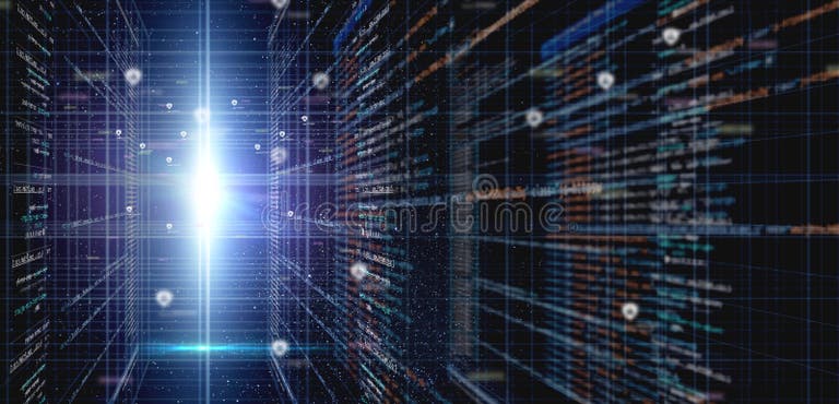 Coding, Cyber Hologram and Programming by Dark Background for Information, Connection and Data ...