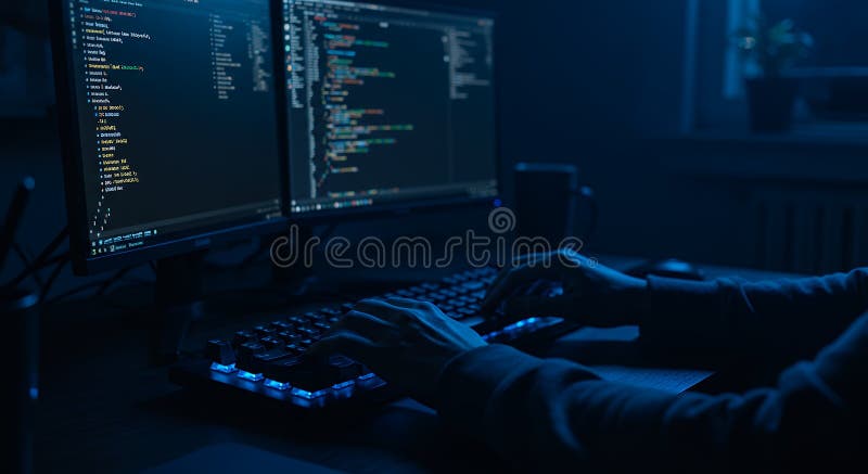 Coding In The Dark A Programmer S Realm Blue Keyboard Dual Monitors And Lines Of Code Come
