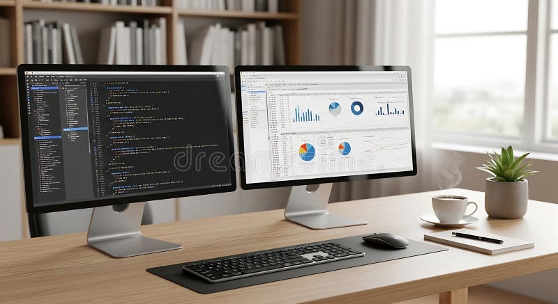 Coding and Data Analysis Dual Monitor Workspace Stock Illustration - Illustration of learning ...