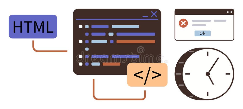 Coding and Debugging Process with HTML, Code Editor, Bug Alert, and ...