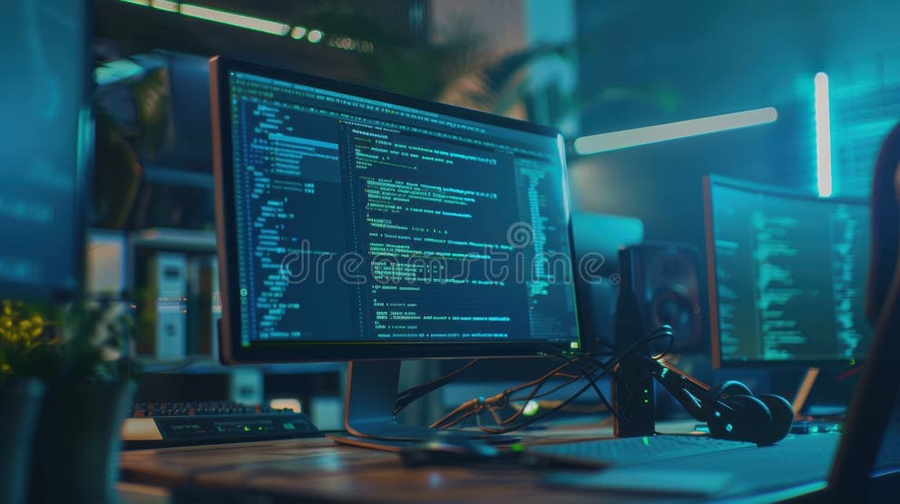 The Coding Desk Setup. AI Generated Stock Photo - Image of desk, data ...