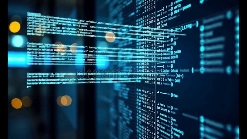 Coding Displaying on Screen with Bokeh Lights in the Background Stock ...