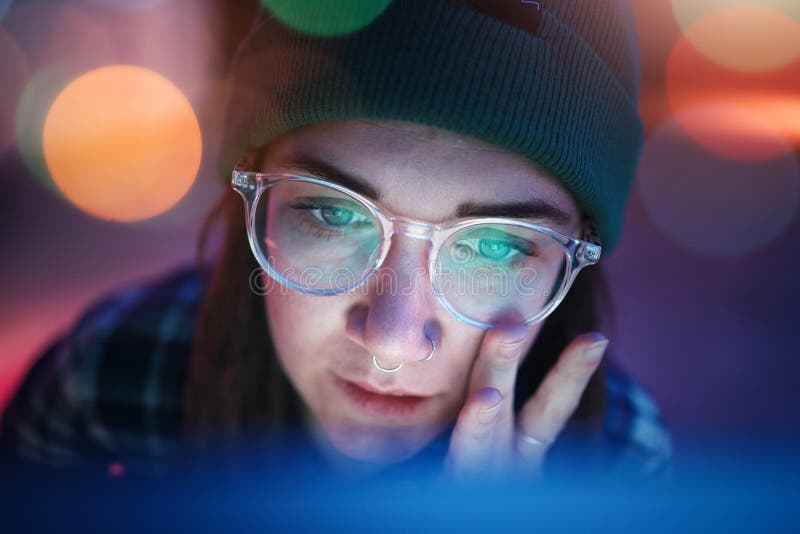 Coding, Face and Serious Woman Working Overtime at Night Programming a ...