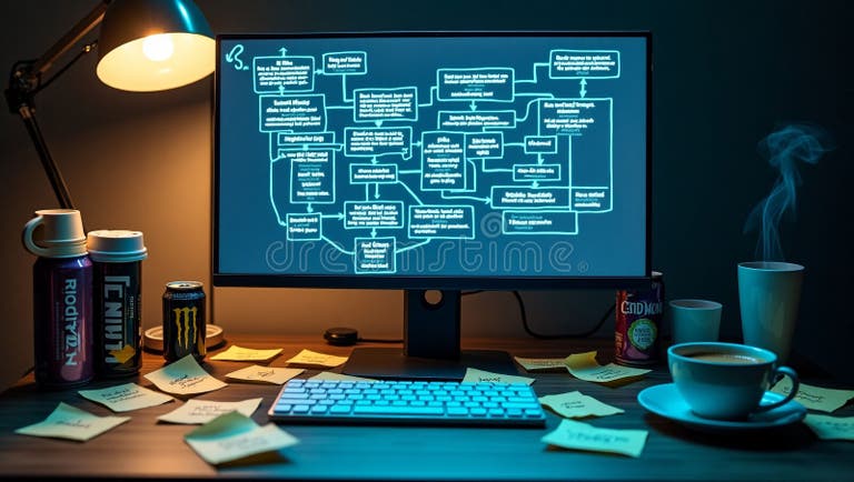 Coding Flowchart Illuminated on a Screen Amidst Coffee and Energy Drinks Focused Under Soft ...