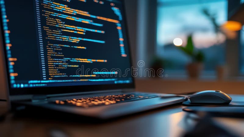 Coding in Focus Laptop Displaying Source Code with Mouse and Window Background Stock Photo ...