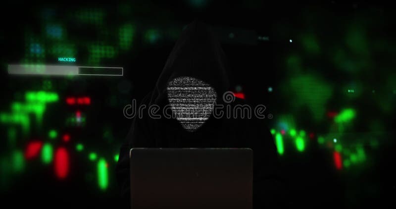 Coding Hacker And Laptop For Download Data For Illegal Transfer Binary Code And Programming