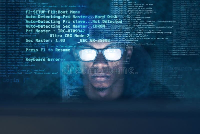Coding Hacker Man And Overlay With Computer At Night For Cyber Attack