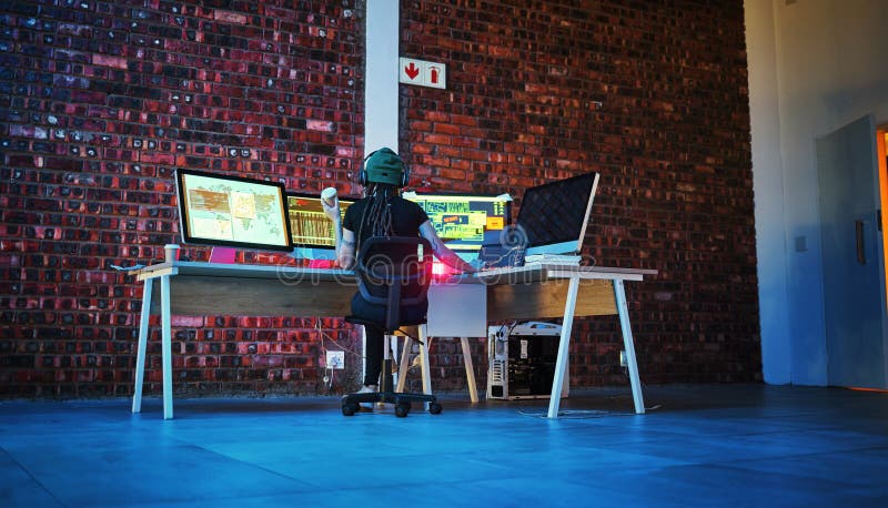 Coding Hacker Woman And Computer Monitor For Cybersecurity Programming And Data Analytics