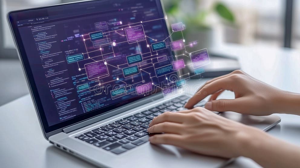 Coding with Interactive Flowchart on Laptop Screen Stock Illustration ...