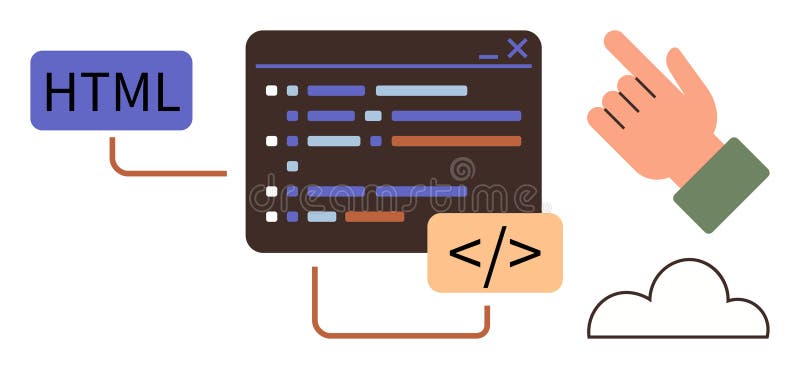 Coding Interface with HTML and Code Tags Connected To Cloud Integration Stock Illustration ...
