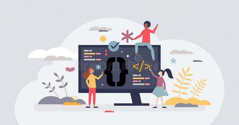 Coding for Kids and Writing Script in Digital Language Tiny Person Concept Stock Vector ...