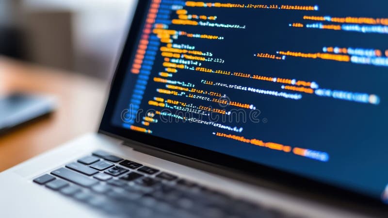Coding on Laptop Lines of Orange White Code Illuminate Dark Blue Screen ...