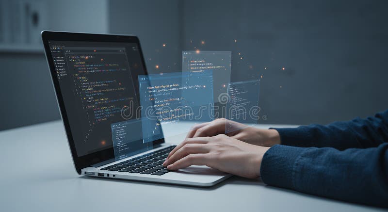 Coding on Laptop Programmer at Work with Virtual Augmented Reality Code Display for Software ...