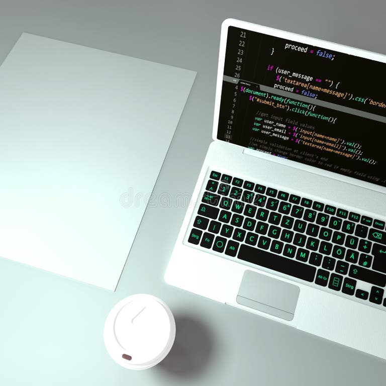 Coding on Laptop Workplace with Coffee and Paper Stock Illustration ...