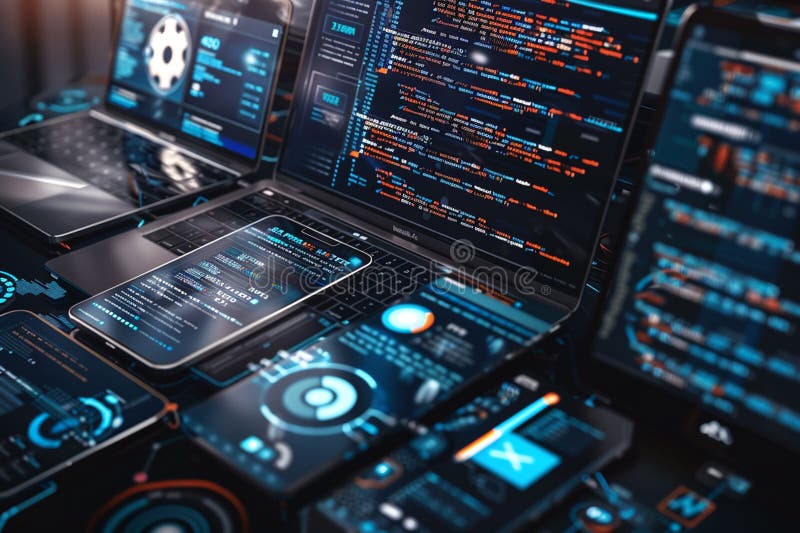 Coding on Laptops & Phones Software Development, Data Visualization, & Tech Interface Stock ...