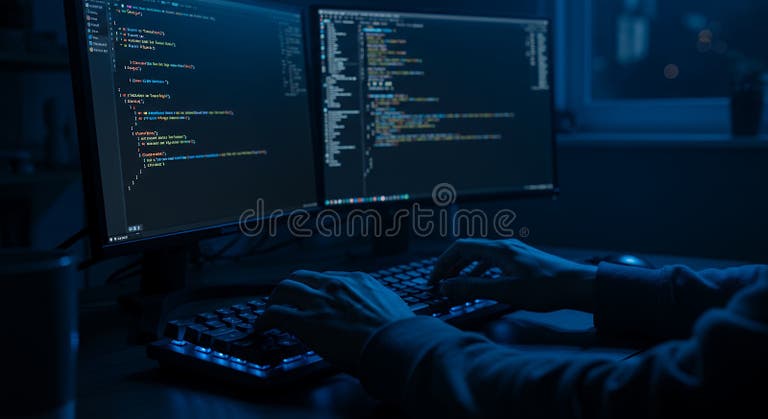 Coding Late Nights: Developer at Work with Dual Screens & Illuminated ...