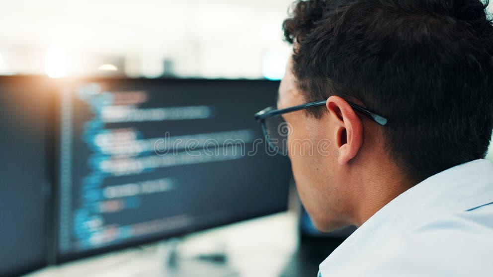 Coding, Man and Computer Screen with Reading in Office for Software Development, Website ...