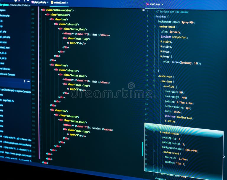It Coding on Monitor Screen. HTML Markup Language Closeup. Programming ...