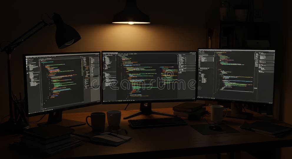 Coding on Multiple Computer Screens in Dark Room with Desk Lamp Stock ...