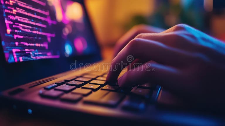 Coding in Neon Hands on Keyboard Lit by Digital Glow Programming a ...