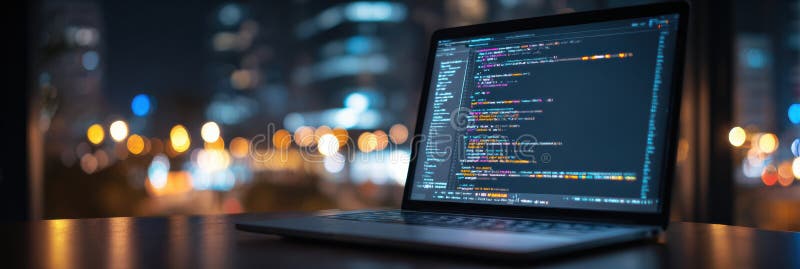 Coding at Night in a City with Illuminated Skyscrapers and a Laptop ...