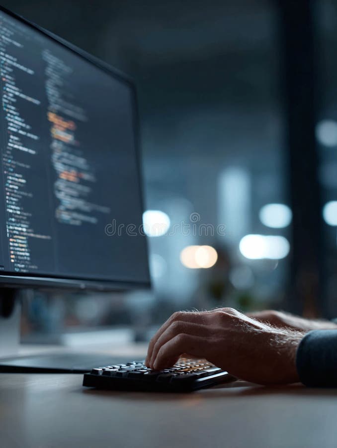 Coding at Night. Focus on Hands Typing on Keyboard. Shows Software Development, Cybersecurity ...