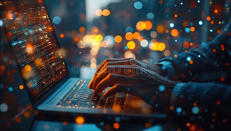 Coding at Night Hands Typing on a Laptop, City Lights Bokeh in the ...