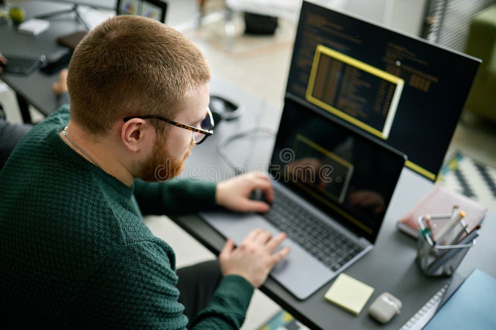 Coding in Office with Multiple Monitors and Laptop Stock Image - Image ...